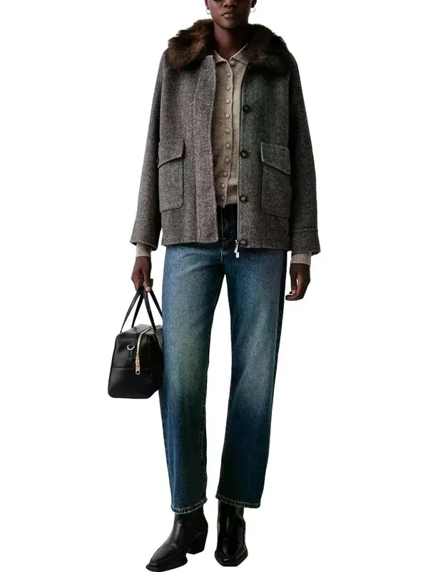 VICOLO Long-sleeve Faux-fur-collar Jacket - Brown