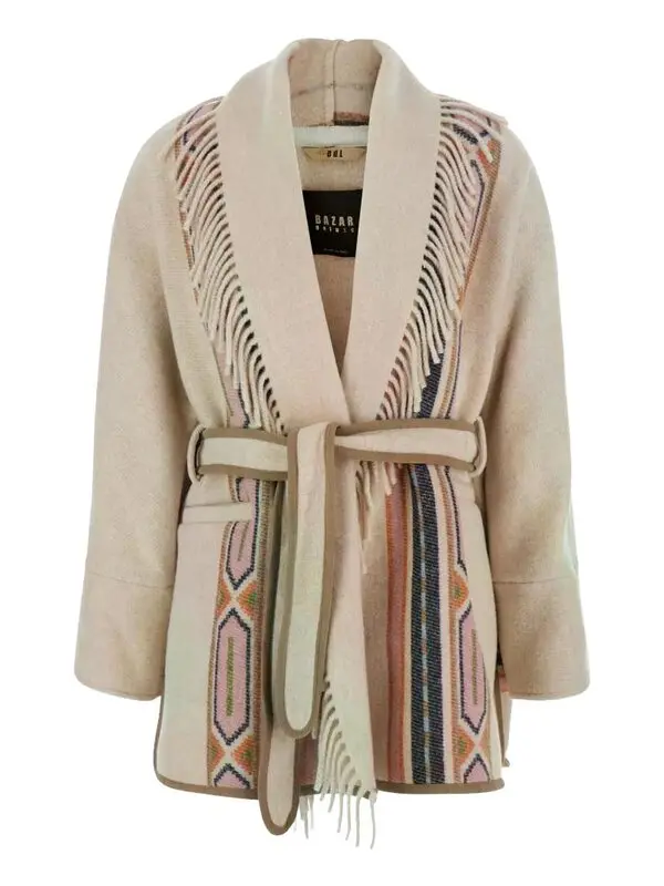 BAZAR DELUXE Fringed Geometric-pattern Cardigan - Neutrals