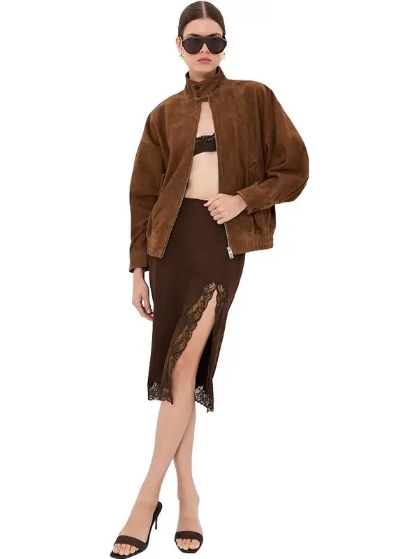 Balmain Knit Knee Length Skirt With Lace Trim - Chataigne