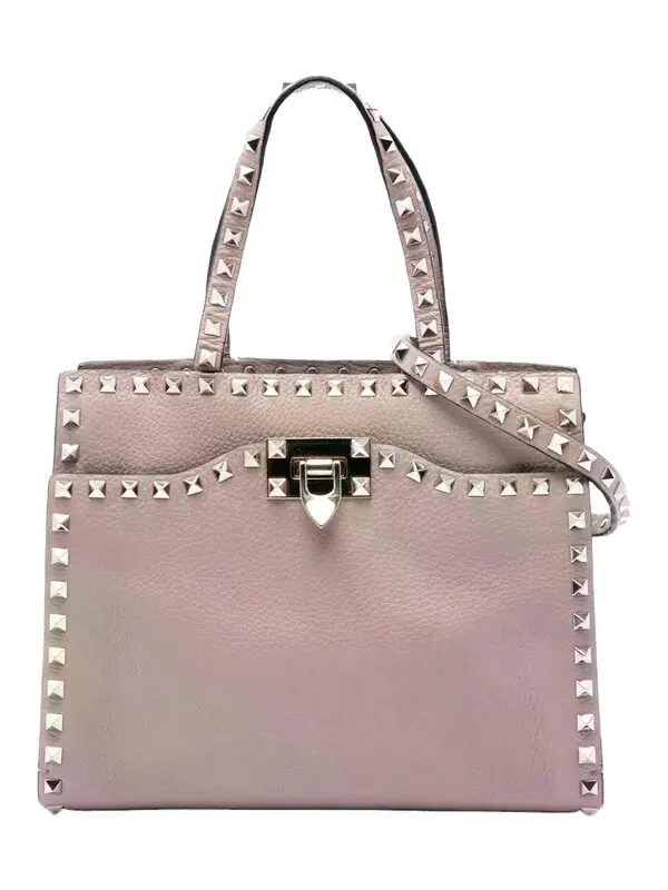 Valentino Garavani 2018-2026 Grained Calfskin Rockstud Flip Lock Tote Satchel - Brown
