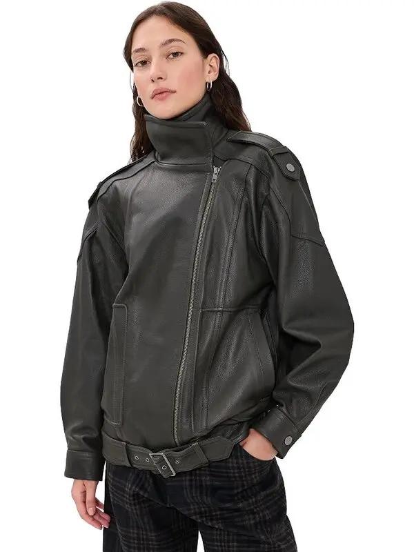 Vince Leather Oversized Biker Jacket - Deep Forest