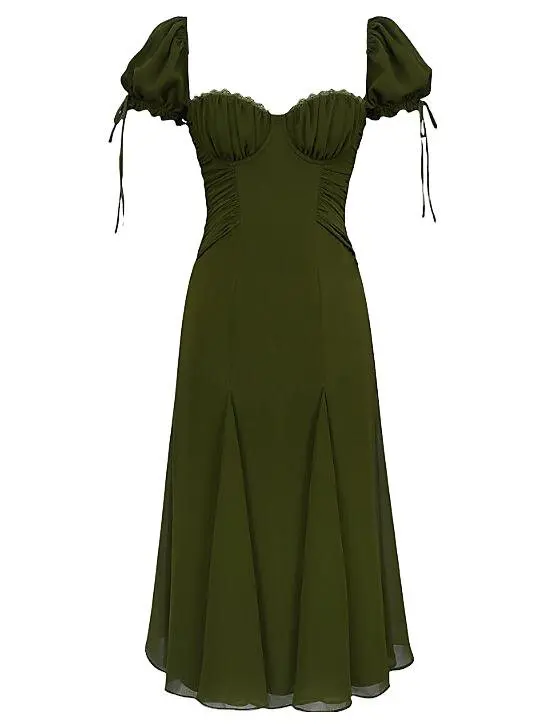 House Of Cb Marceline Puff-sleeve Chiffon Midi Dress - Olive