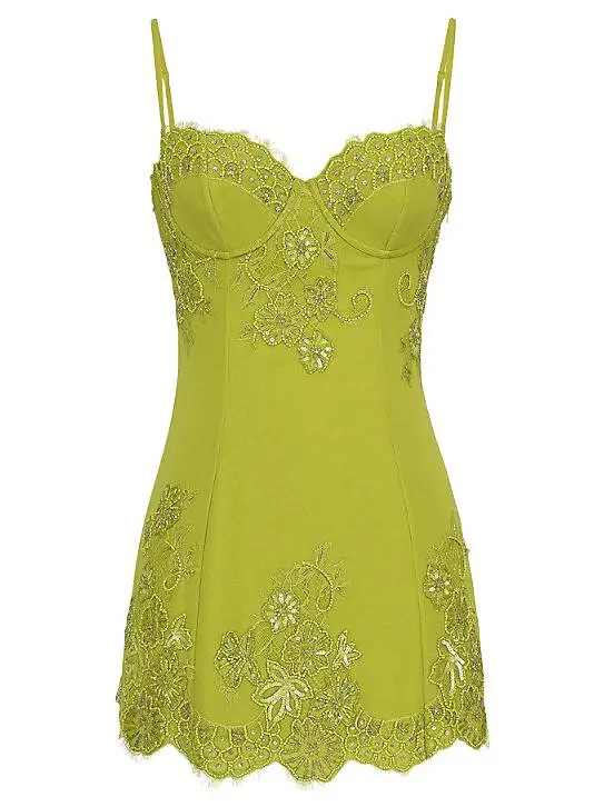 House Of Cb Soraya Lace-trim Satin Mini Dress - Pear