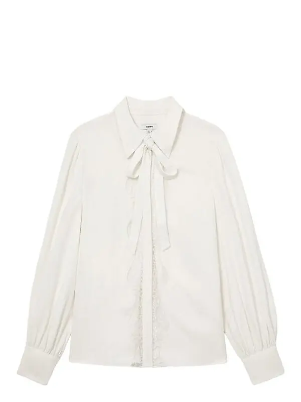 REISS Estelle Lace-trim Tie-neck Crepe Blouson Shirt - Ivory