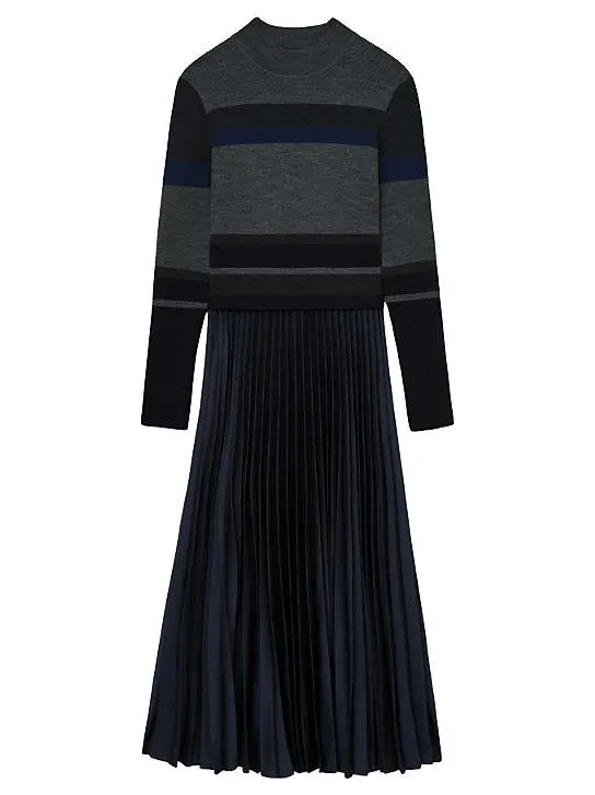 REISS Carla Striped Pleated Wool-blend Midi Dress - Grey