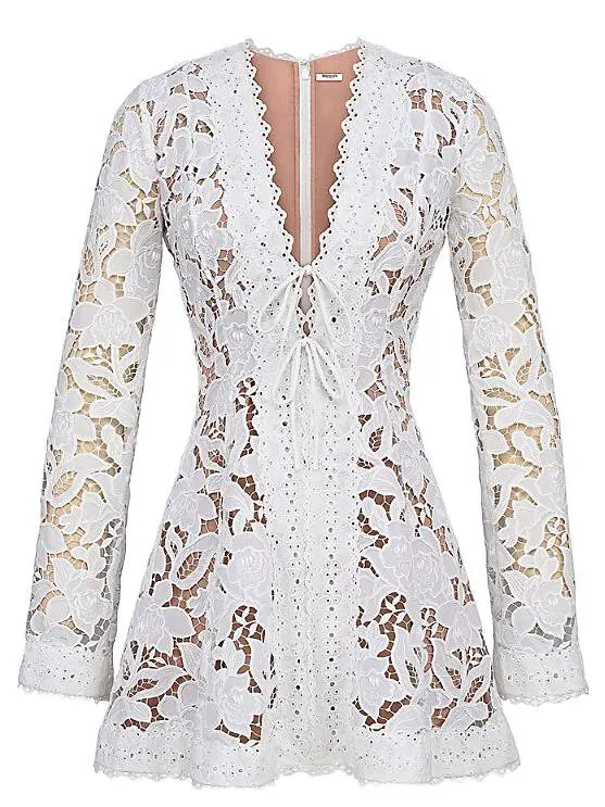 House Of Cb Bianca Lace-sleeve Woven Mini Dress - White