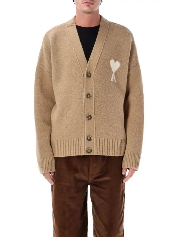 AMI Paris Soft Alpaca V-neck Cardigan With Engraved Horn Buttons And Intarsia Logo - Beige Mastic/ecru