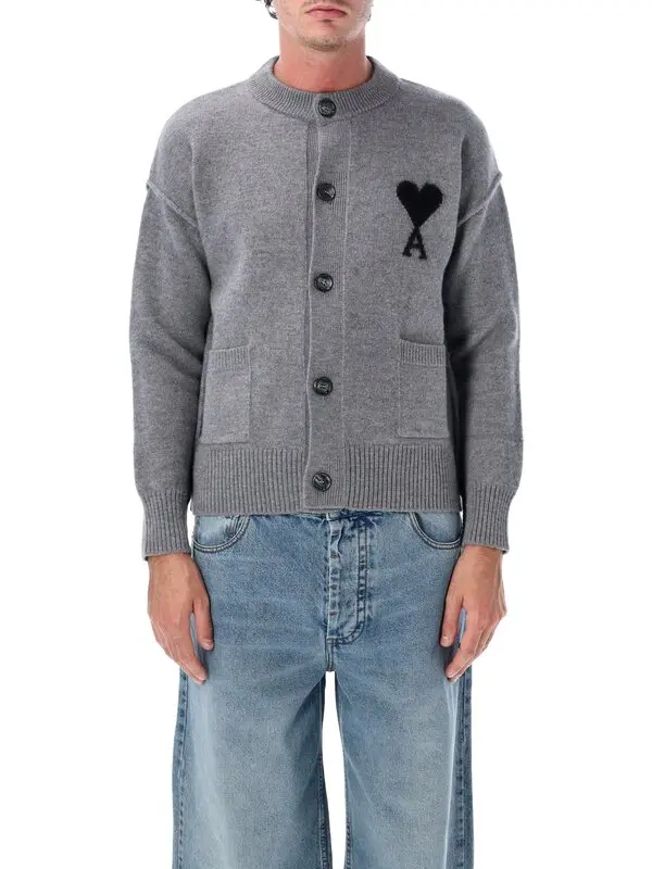 AMI Paris Felted Merino Wool Crewneck Cardigan With Intarsia Logo & Engraved Horn Buttons - Grey