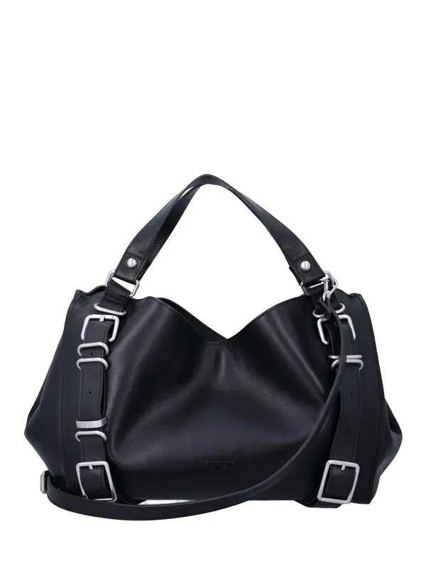 DIESEL® Leather Hobo Shoulder Bag With Adjustable Strap - Nero