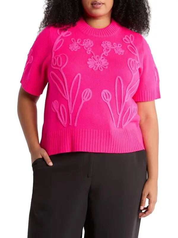 SUGARLIPS Winsley Floral Embroidered Sweater - Fuchsia
