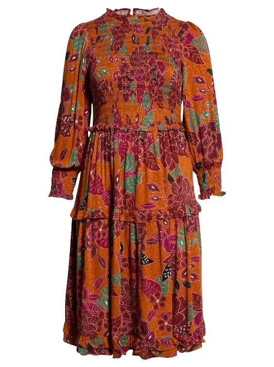 SUGARLIPS Marven Floral Smocked Midi Dress - Rust-brown