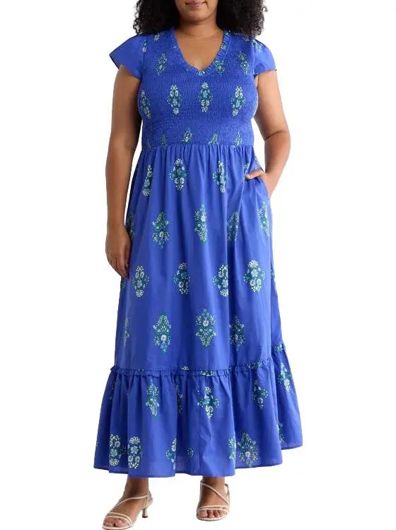SUGARLIPS Haline Liora Smocked Floral Cotton Dress - Navy-multi