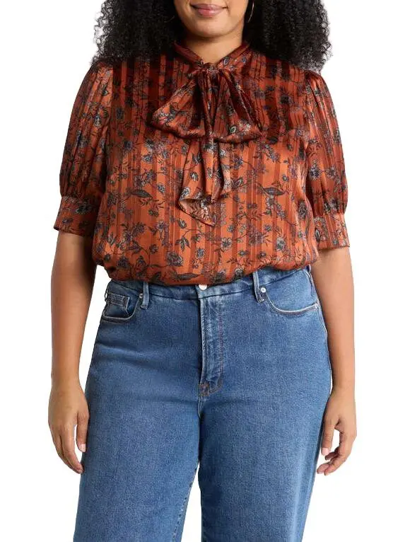 SUGARLIPS Leoben Floral Tie Neck Top - Brown-black