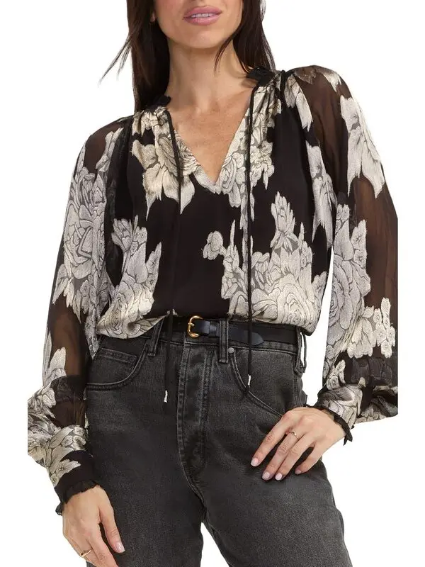 LIVERPOOL Floral Jacquard Chiffon Split Neck Top - Black Multi
