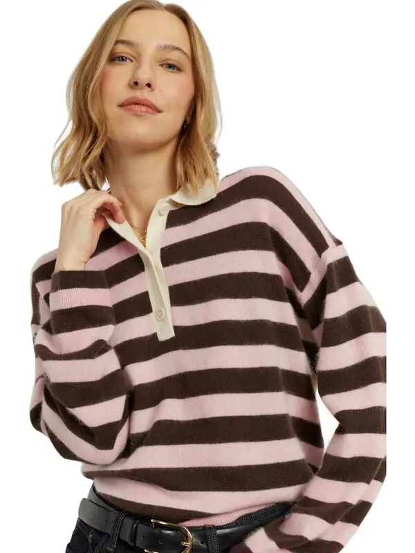 Chinti & Parker Merino Stripe Polo Top - Pink