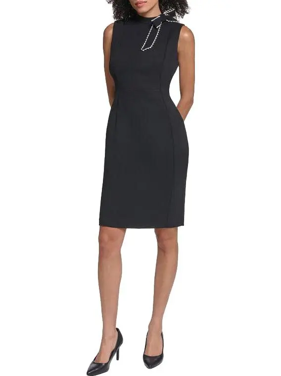 Karl Lagerfeld Paris Bow Embellished Scuba Sheath Dress - Black