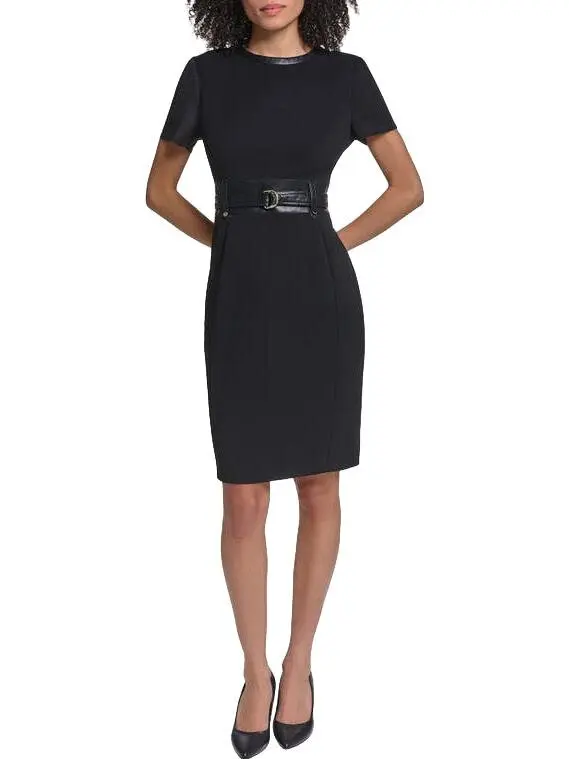 Karl Lagerfeld Paris Faux Leather Detail Belted Scuba Crepe Sheath Dress - Black