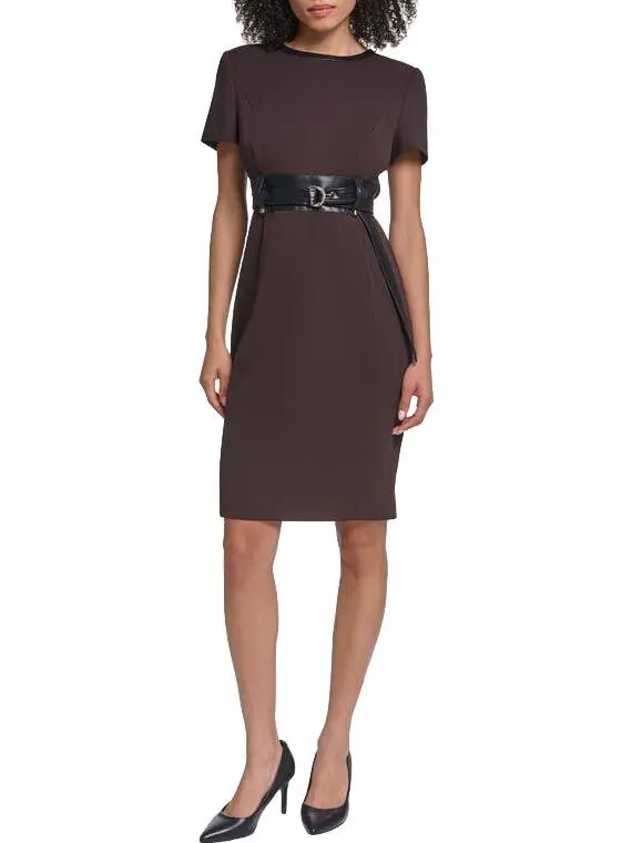 Karl Lagerfeld Paris Faux Leather Detail Belted Scuba Crepe Sheath Dress - Espresso/black