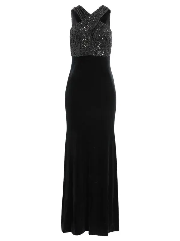 Eliza J Sequin Cross Neck Mixed Media Gown - Black