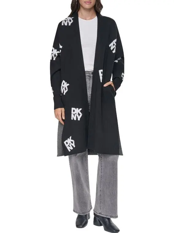 Dkny Stack Logo Long Cardigan - Black/ivory