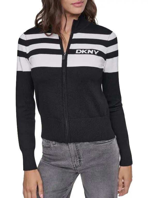 Dkny Placed Stripe Cotton Blend Zip Cardigan - Blk/ivy