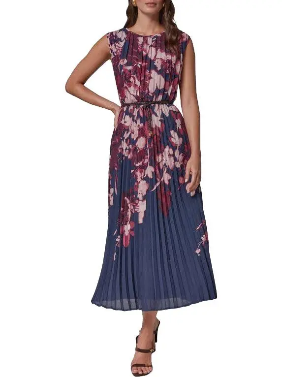 Donna Karan New York Placed Floral Pleated Chiffon Midi Dress - Navy/blck