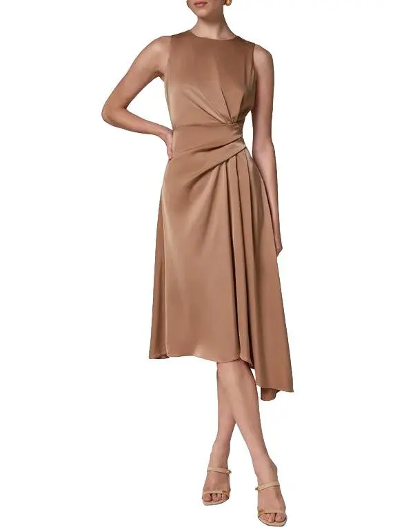 Donna Karan New York Side Draped Asymmetric Hem Stretch Satin Dress - Camel
