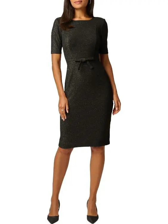 Adrianna Papell Stretch Shimmer Knit Bow Waist Sheath Dress - Black