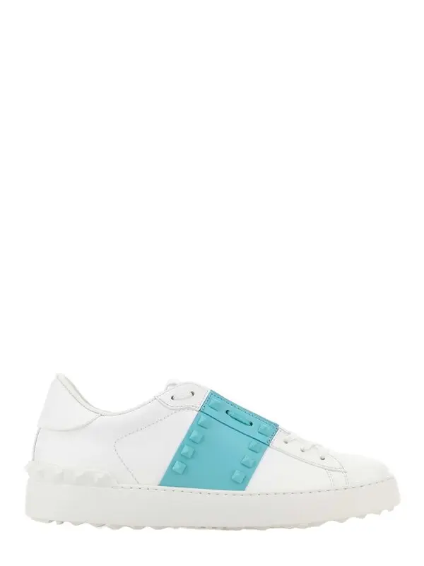 Valentino Garavani Leather Rockstud Untitled Sneakers With Light Blue Band - White