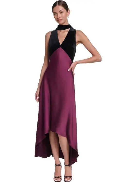 Halston Sleeveless Velvet And Satin V-neck Scarf Dress - Cabernet/black