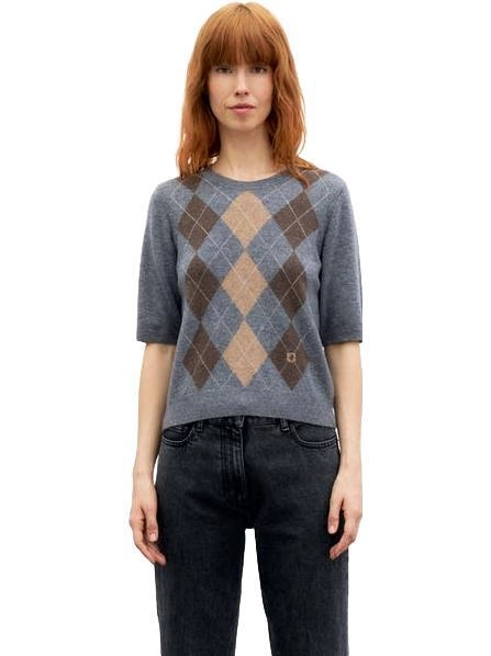 Gerard Darel Rema Short Sleeve Argyle Knit Sweater - Heather Grey
