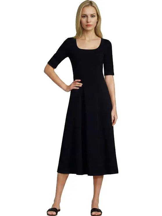 LANDS' END Starfish Elbow Sleeve Midi Fit And Flare Dress - Black