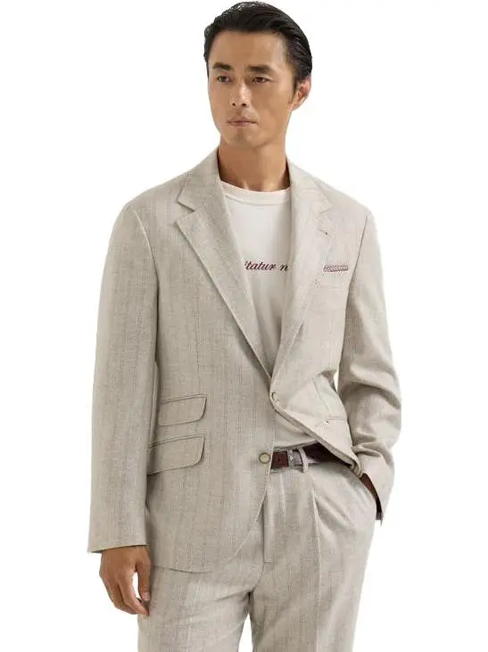 Brunello Cucinelli Striped Cashmere And Silk Diagonal Flannel Deconstructed Cavallo Blazer With Metal Buttons - Grey