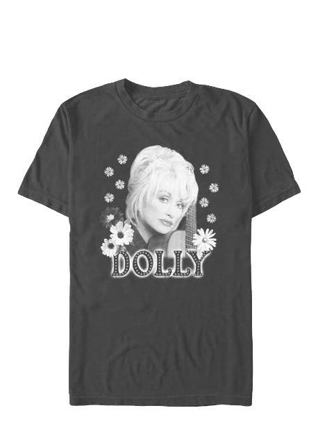 DOLLY PARTON Distressed Daisies Portrait Short Sleeve T-shirt - Charcoal