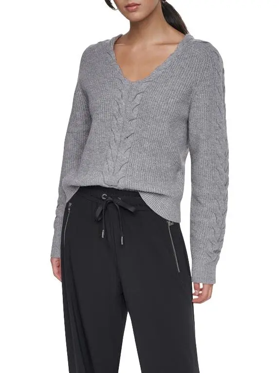Dkny Cable Knit V-neck Sweater - Feather Heather