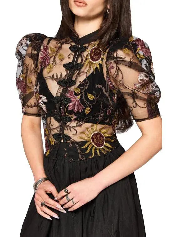 DISTURBIA Angela Folk Embroidered Blouse - Black
