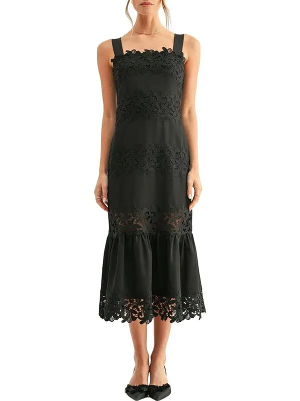 Adelyn Rae Davina Embroidered Lace Detail Midi Dress - Black