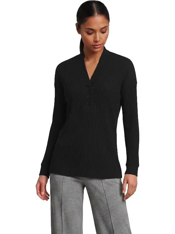 LANDS' END Long Sleeve Waffle Shawl Collar Henley - Black