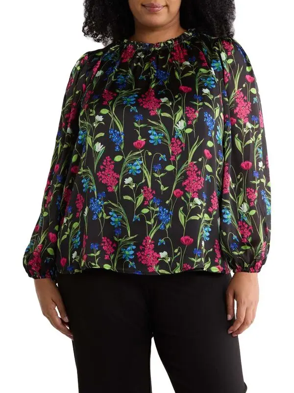 SUGARLIPS Floral Smocked Neck Long Sleeve Top - Black-multi