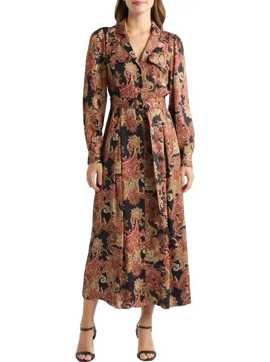 Julia Jordan Floral Long Sleeve Midi Shirtdress - Black Multi