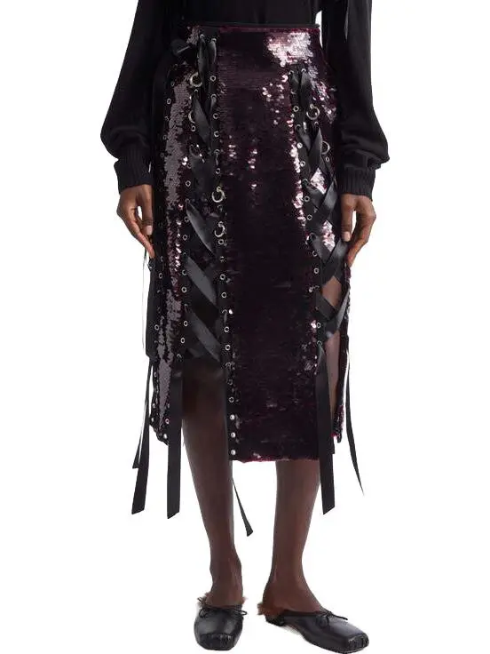 Simone Rocha Unraveling Ribbon Ring Sequin Midi Skirt - Deep Red