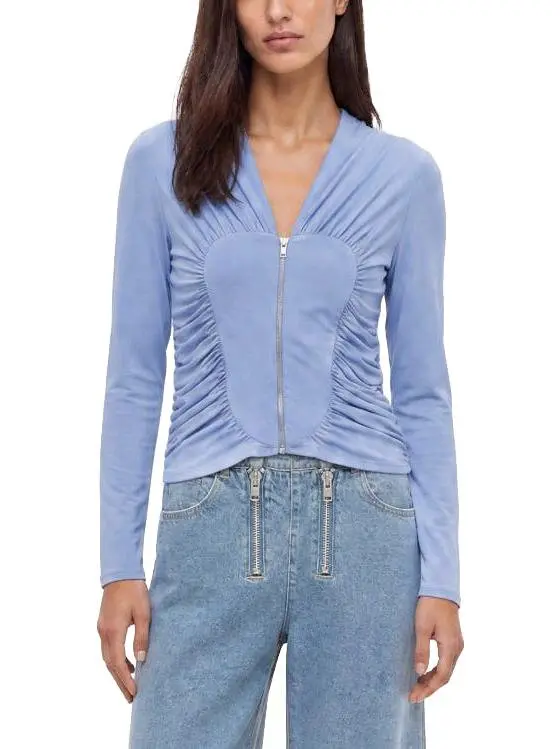 NOCTURNE Ruffle Trim Zip Front Blouse - Blue