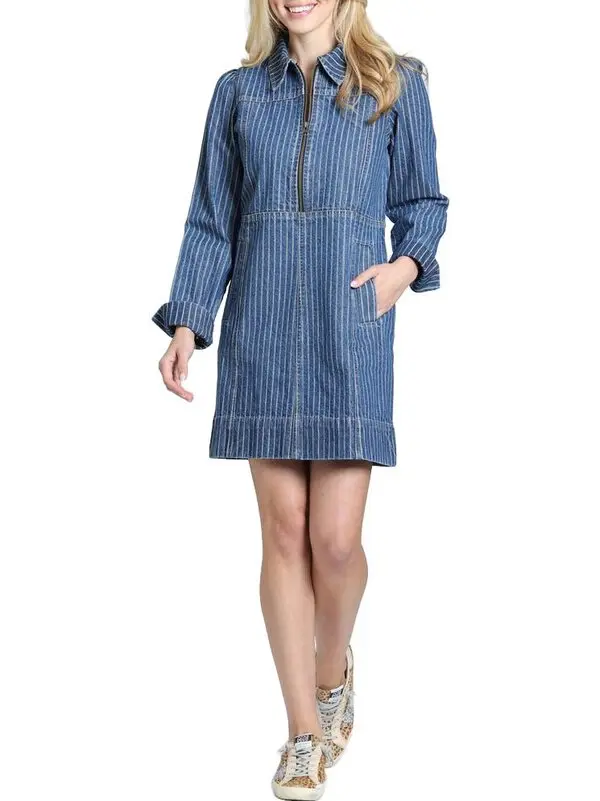 APNY The True Indigo Striped Denim Shift Dress - River Indigo