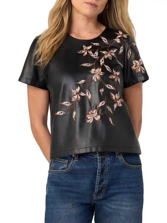 LIVERPOOL Embroidered Faux Leather Top - Black
