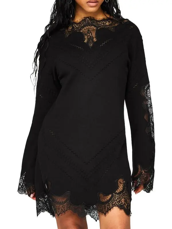 DISTURBIA Stormwoken Lace Trim Knit Mini Dress - Black