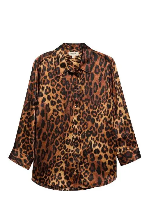 L'Agence Dani Silk Leopard Print Shirt - Tan Multi Javan Leopard