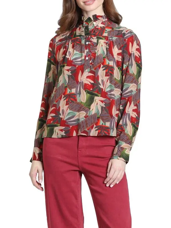 APNY Ruffle Half Placket Top - Crimson/forest Multi