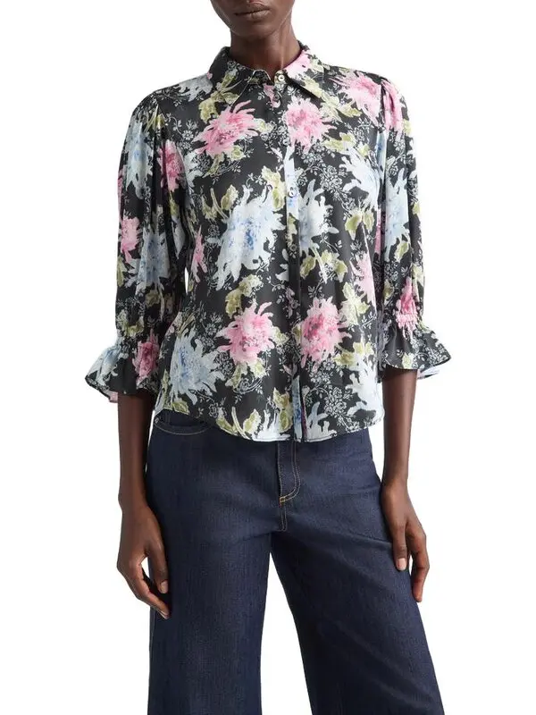 Cinq À Sept Fiona Ikat Dahlia Three-quarter Sleeve Shirt - Black Multi