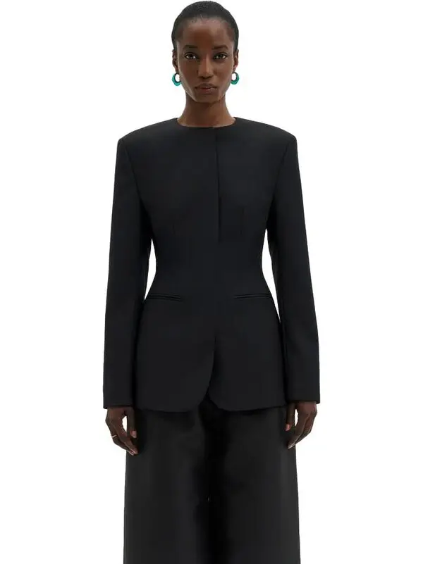 MALINA Carol Collarless Wool Silk Blazer - Black