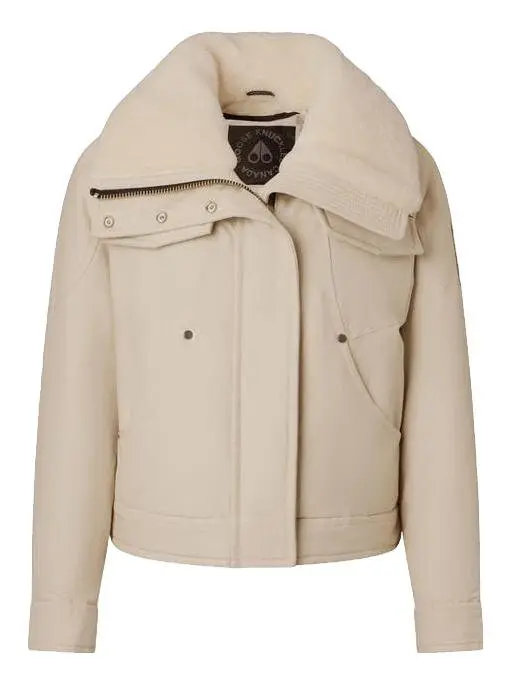 Moose Knuckles Aurora Down & Feather Fill Trucker Jacket With Genuine Shearling Collar - Alabaster